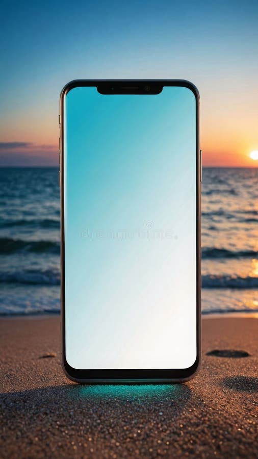 Mobile Device with Empty Screen, Ocean Sunset Stock Photo - Image of ...