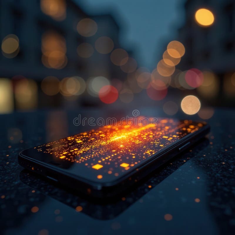 Mobile Device Illuminated by Sparkling Lights at Dusk in Urban Setting ...
