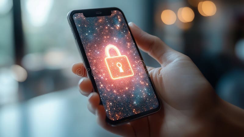 Mobile Device with a Lock Symbol on the Screen Against a Galaxy ...