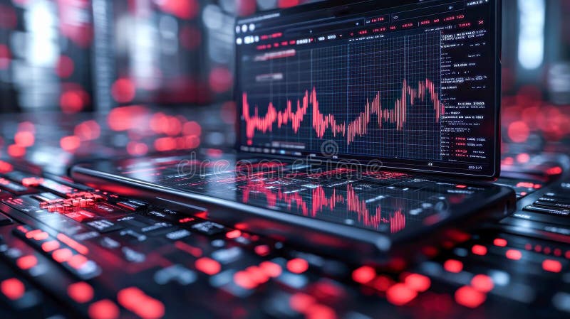 Mobile Device with Stock Trading Chart on Screen, Glowing Red Interface ...