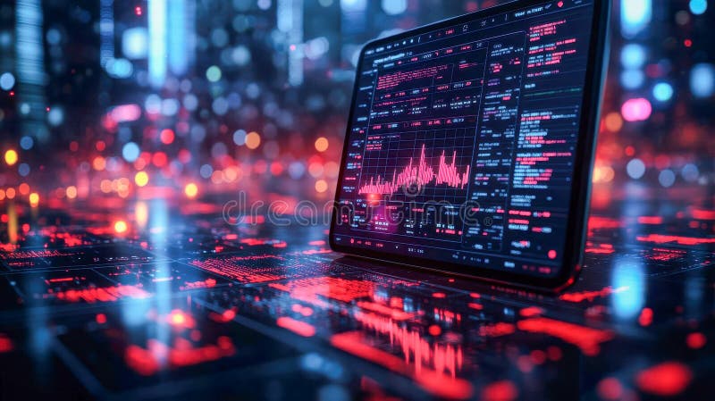 Mobile Device with Stock Trading Chart on Screen, Glowing Red Interface ...