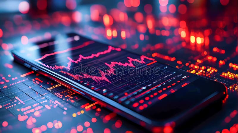 Mobile Device with Stock Trading Chart on Screen, Glowing Red Interface ...