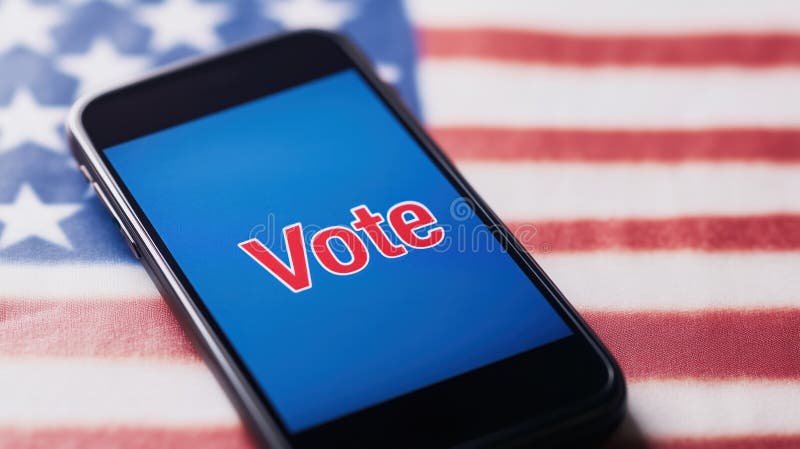 Mobile Phone Displaying Vote Message on American Flag Background during ...