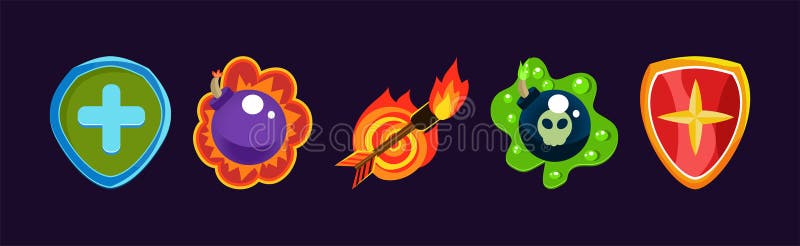 Mobile Game Assets with Shield, Bomb and Arrow Vector Set Stock Vector ...
