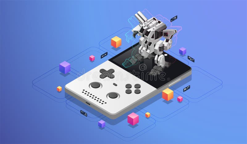 Mobile Gaming. Big Robot on Pocket Console Screen. AR Concept for ...