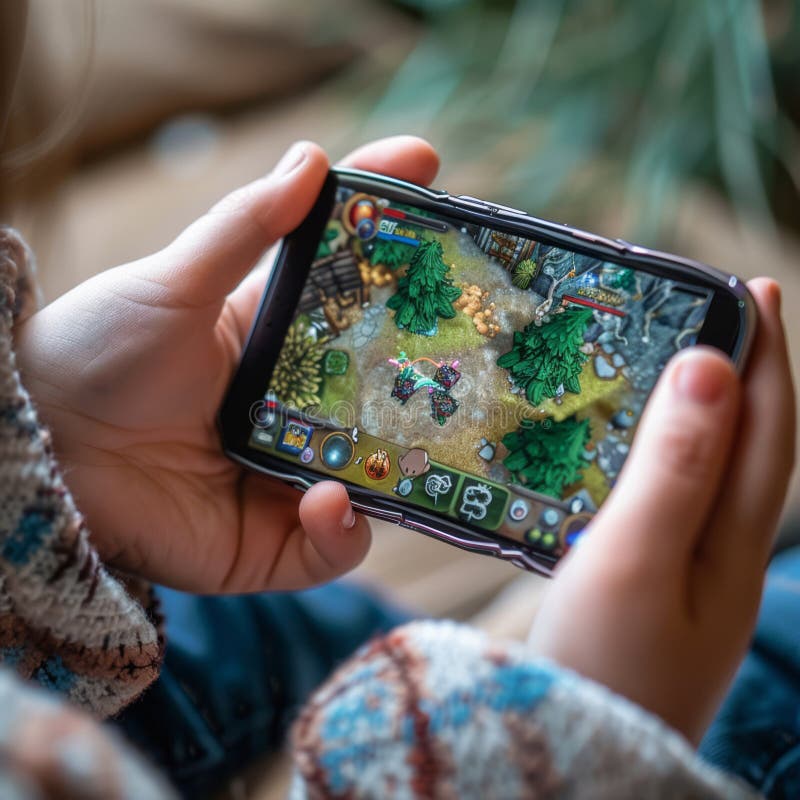 Mobile Gaming Concept: Hands with a Smartphone with Game on Screen ...