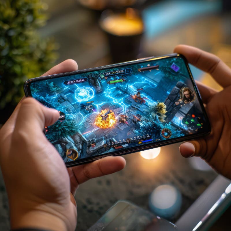 Mobile Gaming Concept: Hands with a Smartphone with Game on Screen ...