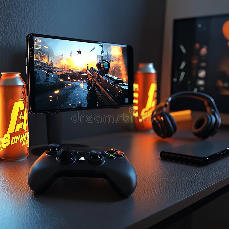 Mobile Gaming Setup with Phone Mounted on Controller and Backlit ...