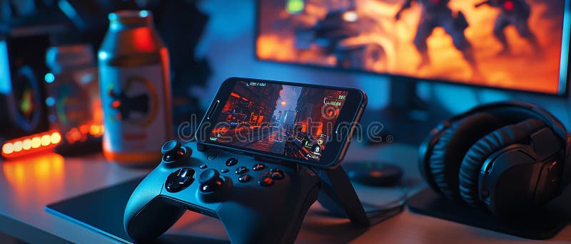 Mobile Gaming Setup with Phone Mounted on Controller and Backlit ...