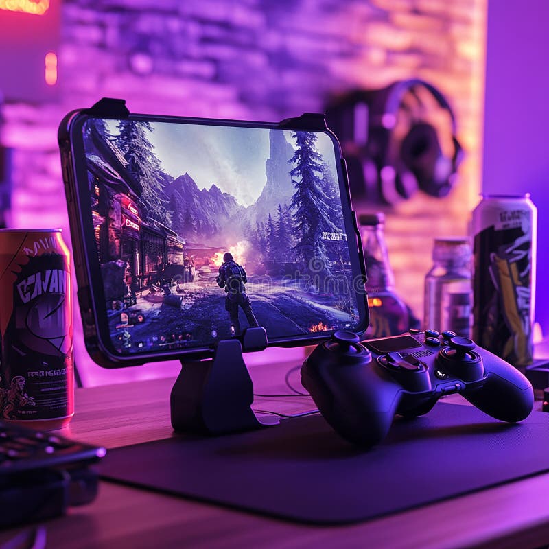 Mobile Gaming Setup with Phone Mounted on Controller and Backlit ...