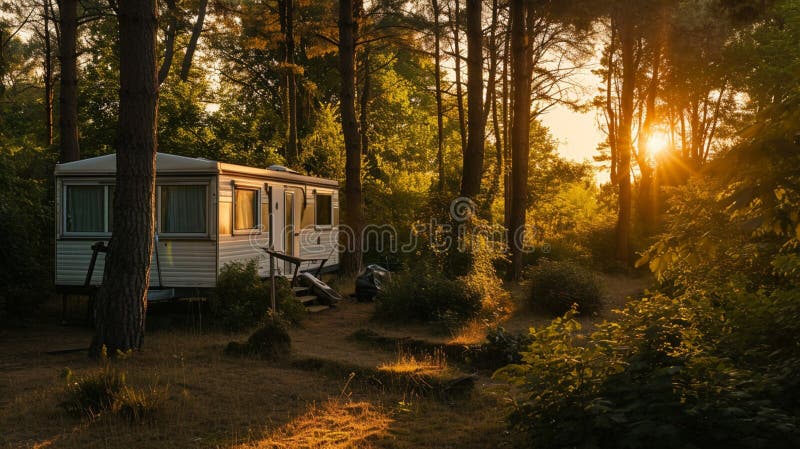 Mobile Home in a French Forest at Sunset. Ai Generative Stock Photo ...