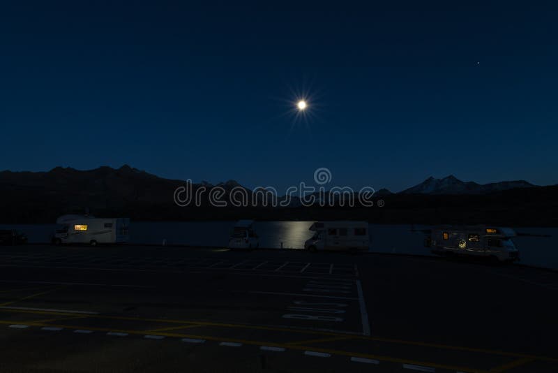 Mobile Homes at Night in the Swiss Alps Stock Image - Image of caravan ...