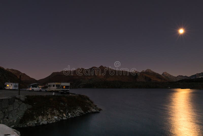 Mobile Homes at Night in the Swiss Alps Stock Photo - Image of moon ...