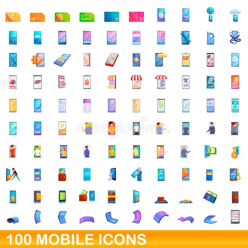 100 Mobile Icons Set, Cartoon Style Stock Vector - Illustration of ...