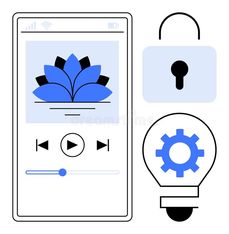 Mobile Interface with Media Player, Lock Icon, and Light Bulb with Gear ...