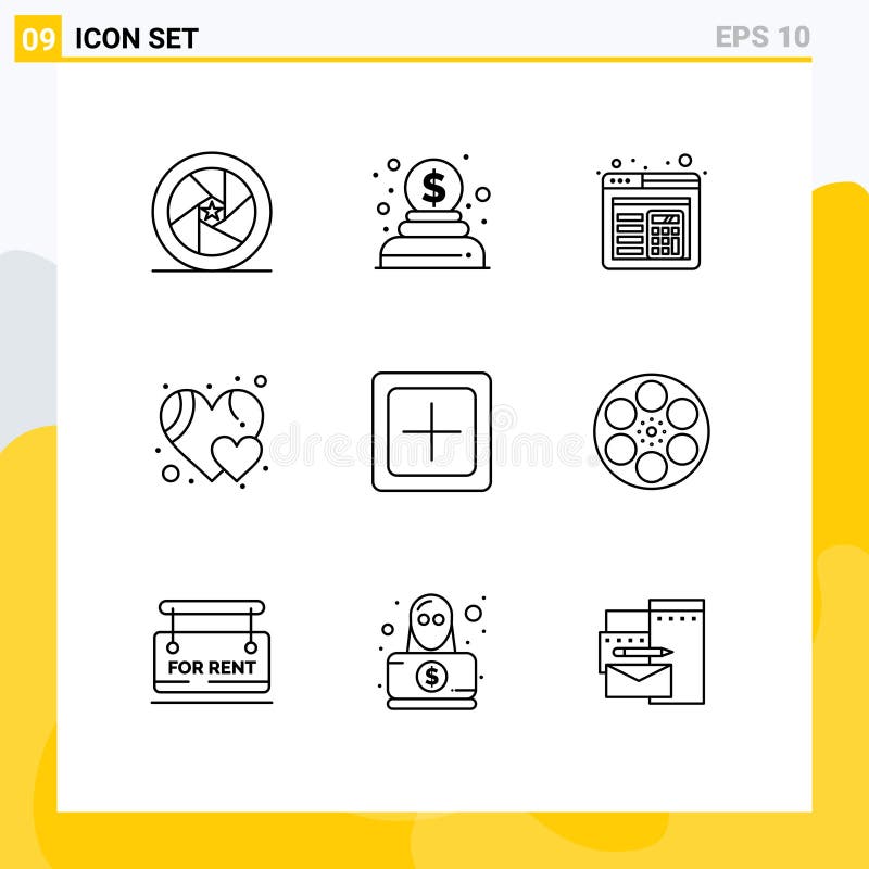 Outline Pack of 9 Universal Symbols of New, Create, Browser, Add, Heart ...