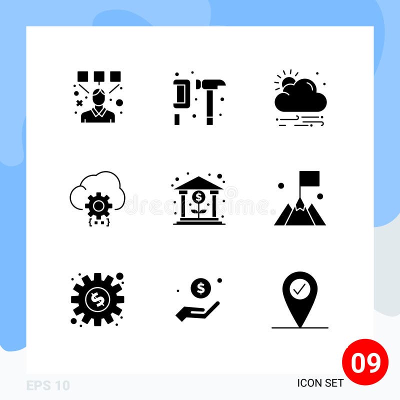Solid Glyph Pack of 9 Universal Symbols of Bank, Development, Hammer ...
