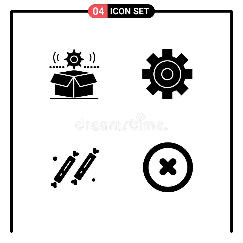 Mobile Interface Solid Glyph Set of 4 Pictograms of Box, Candy, Gear ...