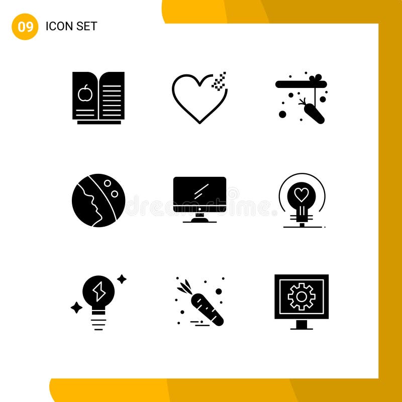 Mobile Interface Solid Glyph Set of 9 Pictograms of Bulb, Imac ...