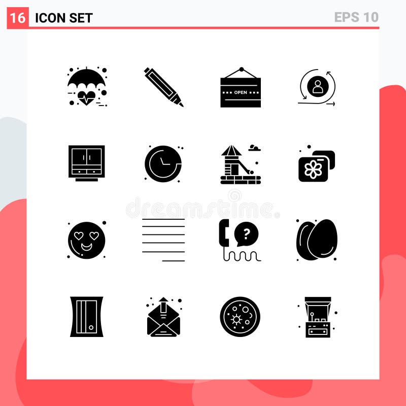 Mobile Interface Solid Glyph Set of 16 Pictograms of Cabinet, Returning ...