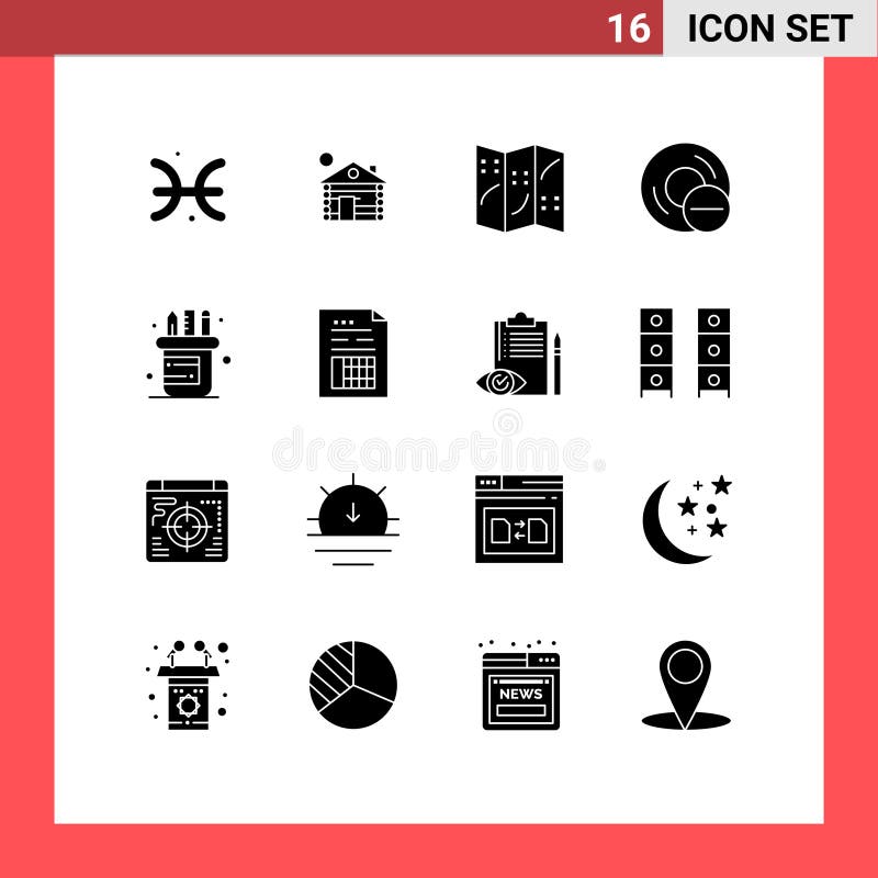 Mobile Interface Solid Glyph Set of 16 Pictograms of Pen, Hardware, Map ...