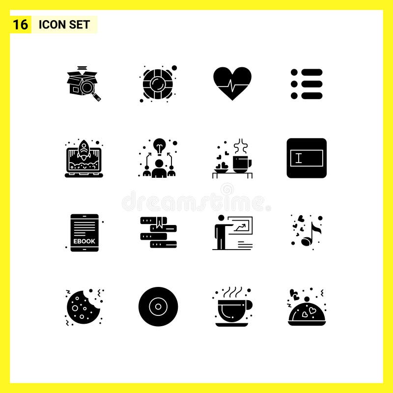 Solid Glyph Pack of 16 Universal Symbols of Start Up, Laptop, Beat ...