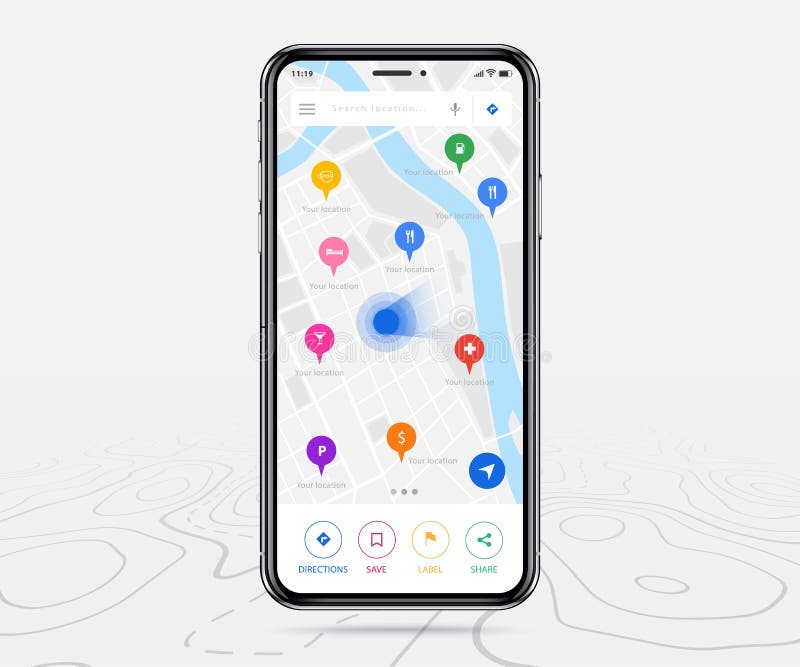 Mobile Map GPS, Smartphone Map Application and Colorful Pinpoint on ... Mobile Map GPS, Smartphone Map Application and Colorful Pinpoint on ...