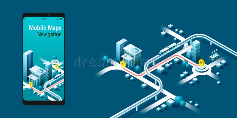 Mobile Maps Navigation, and Tracking Concept. Isometric City Map, App ...