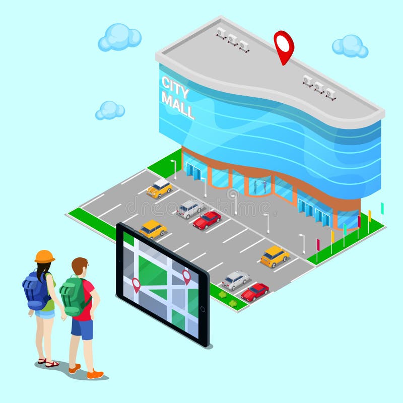 Mobile Navigation Isometric Concept. Tourist Searching City Mall with ...