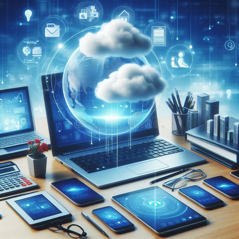 Mobile Office Employs Portable Devices and Cloud Compw Stock Image - Image of anytime, office ...