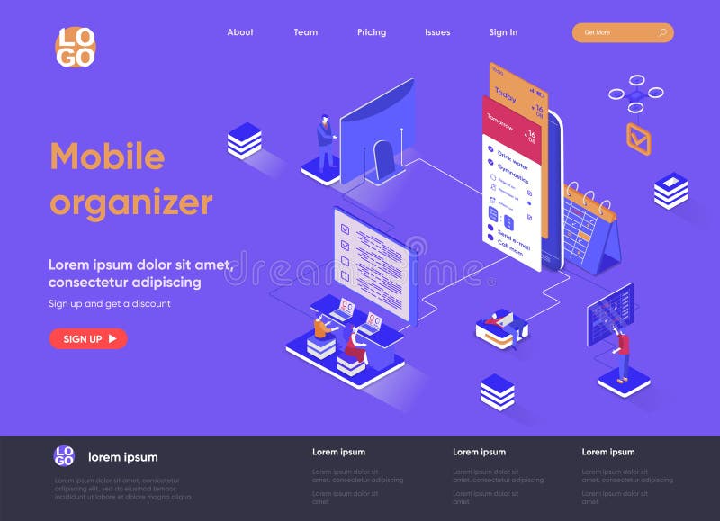 Mobile Organizer Isometric Landing Page. Mobile Application for ...