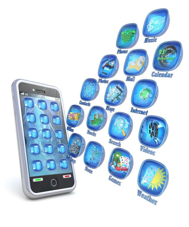 Mobile Phone 3d Applications on White Background Stock Illustration ...