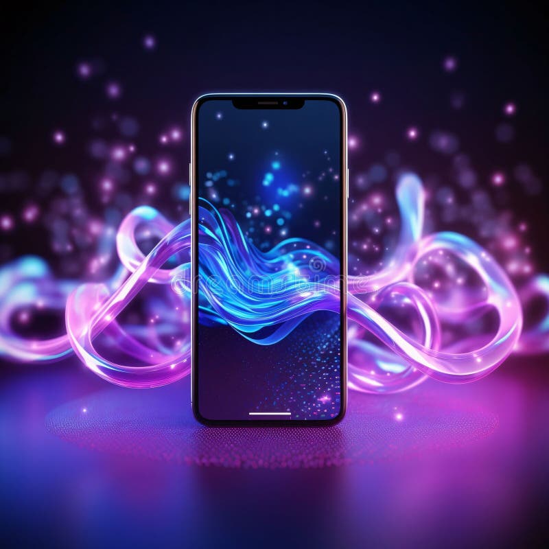Mobile Phone with Abstract Glowing Waves on Dark Background. Vector ...