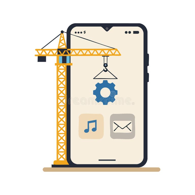 Mobile Phone App Development Concept with Construction Crane and Gear ...