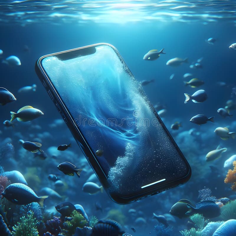 Mobile Phone with Black Screen in Blue Transparent Water Stock ...