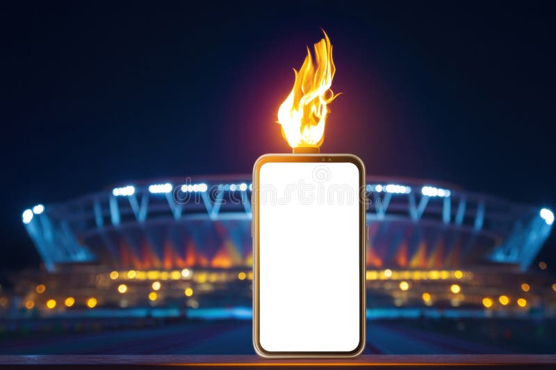 Mobile Phone with Blank White Screen and Olympic Flame Burning in Front ...