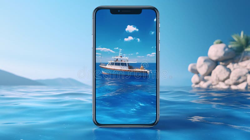Mobile Phone with Blue Sea and Boat on the Screen. 3d Rendering Stock ...