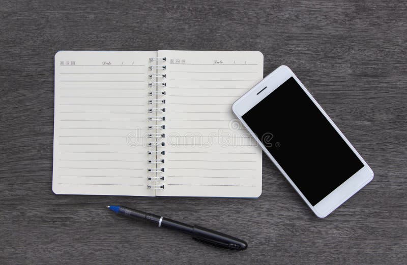 Mobile Phone and Book Note on Wooden Desk Stock Photo - Image of blank ...