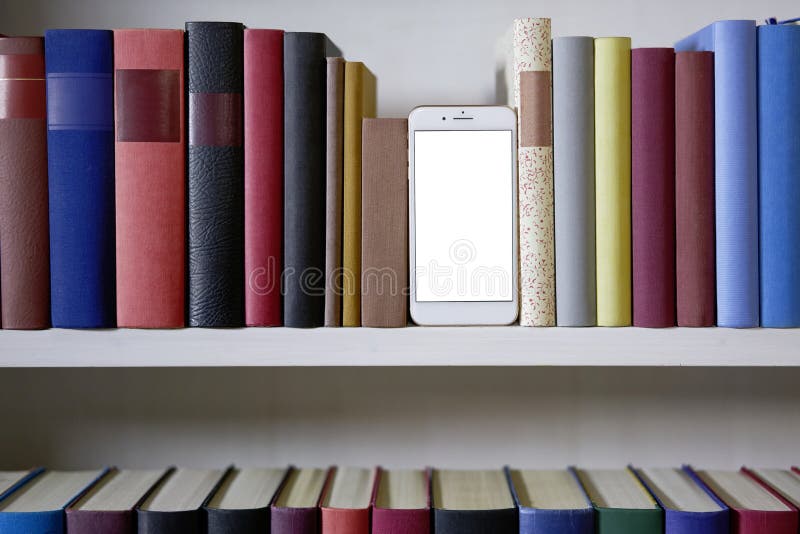 Mobile Phone in Bookshelf with Sorted Books Stock Image - Image of read ...