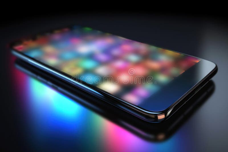 A Mobile Phone with a Bright Backlight on a Black Table Stock ...