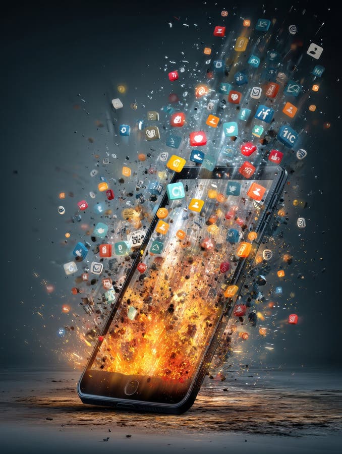 Mobile Phone Generates a Burst of Social Media Icons and Messages in a ...