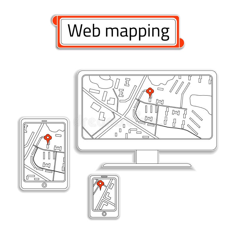 Mobile Phone, Computer (PC) and Tablet with Internet Map. Title Web ...