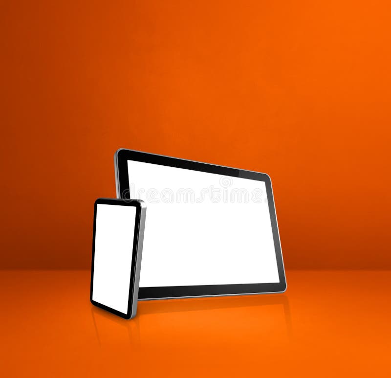 Mobile Phone and Digital Tablet Pc on Orange Office Desk Stock ...