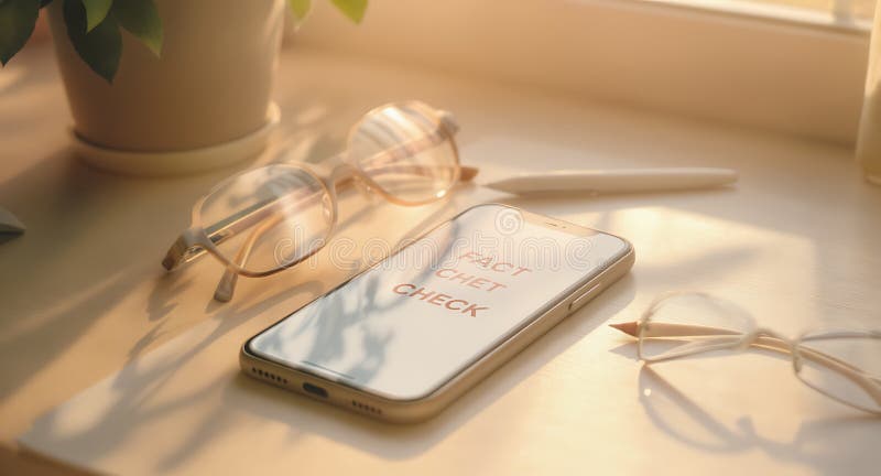 Mobile Phone Displaying Fact Check Text, Glasses and Pencil on Table ...