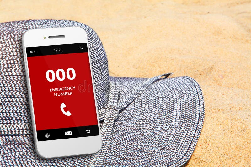Mobile Phone with Emergency Number 000 on the Beach Stock Photo - Image ...