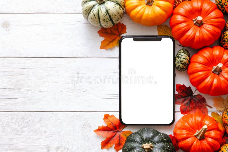 Mobile Phone with Empty Screen and Beautiful Autumn Decoration, Top ...