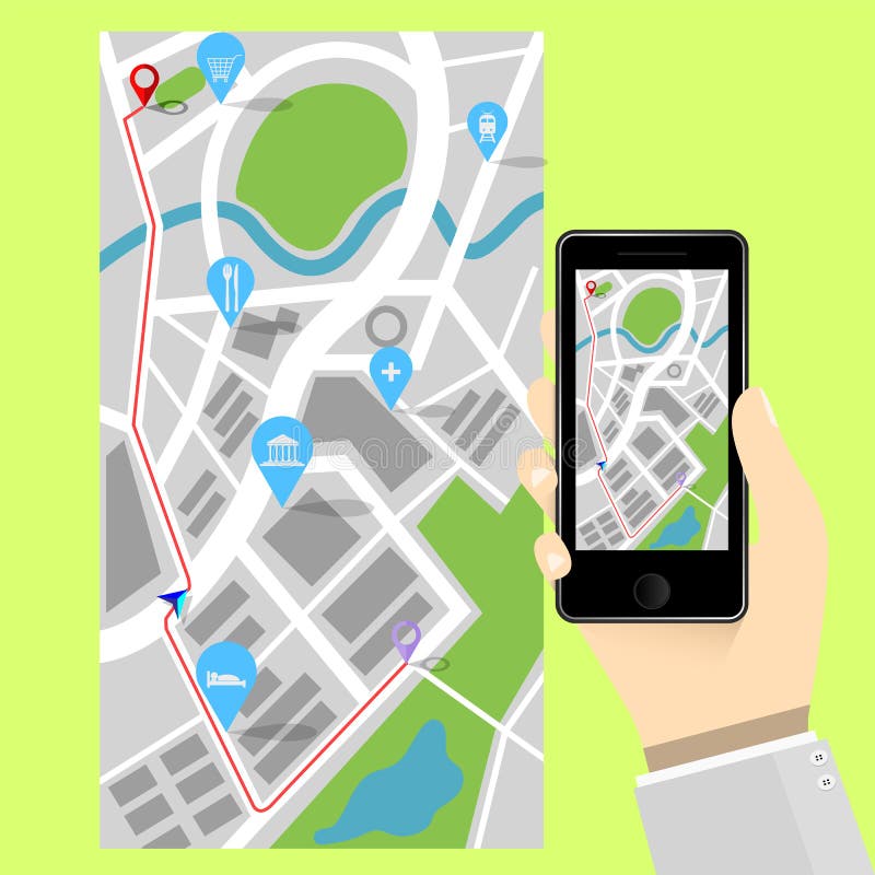 Mobile Phone Flat Design and Map Application, Hand Holding Concept ...