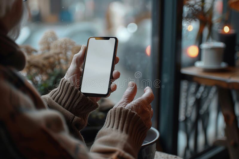 A Mobile Phone Held in an Old Personâ€™s Hand, with the Screen Facing ...