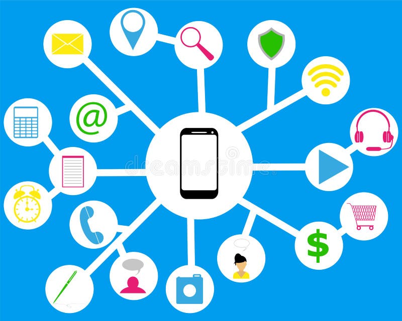 Mobile phone and Icons stock illustration. Illustration of multimedia ...