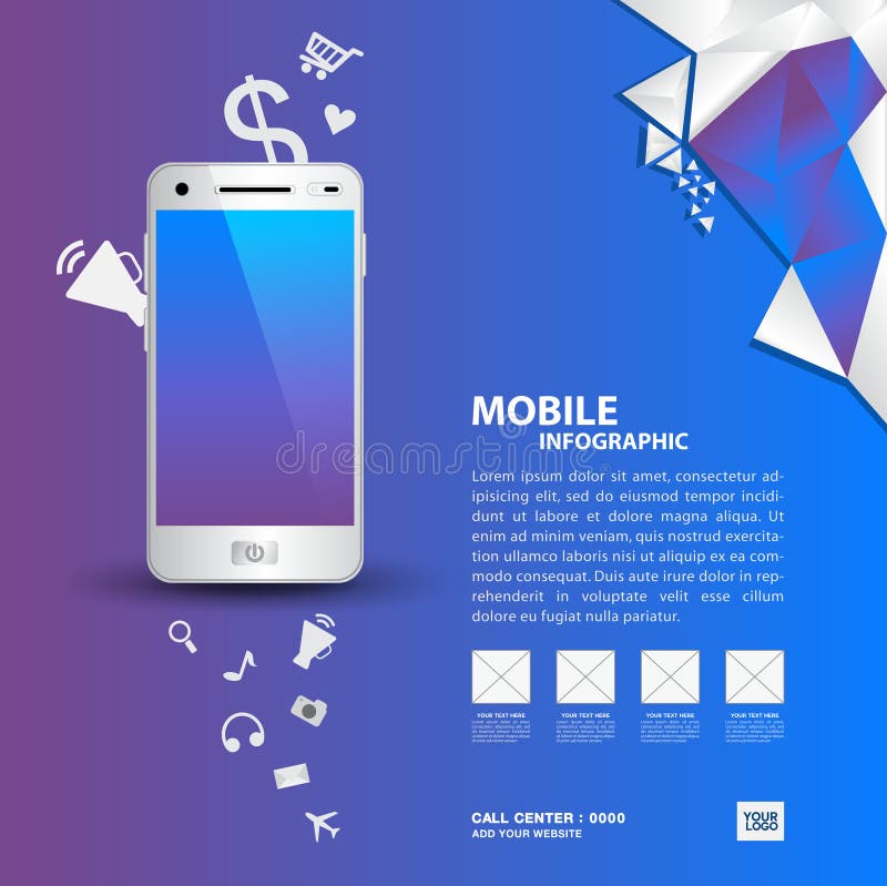 Mobile Phone with Icons, Infographic and Website Background Stock ...